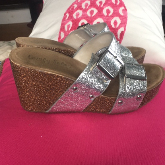 comfy soles by bamboo | Shoes | Sparkly Silver Wedge Strapped Sandals ...